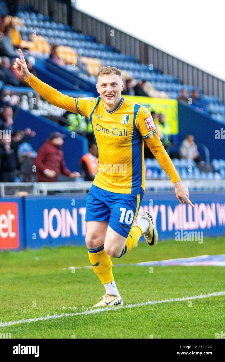 Mansfield Town FC forward George Maris (10) scores a GOAL 1-0 and ...
