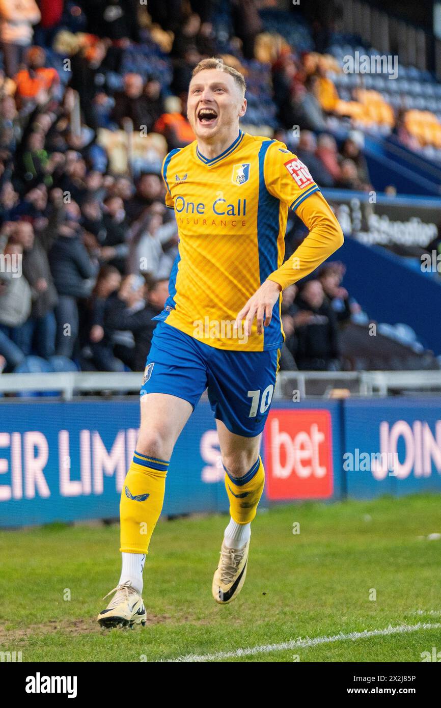 Mansfield Town FC forward George Maris (10) scores a GOAL 1-0 and ...