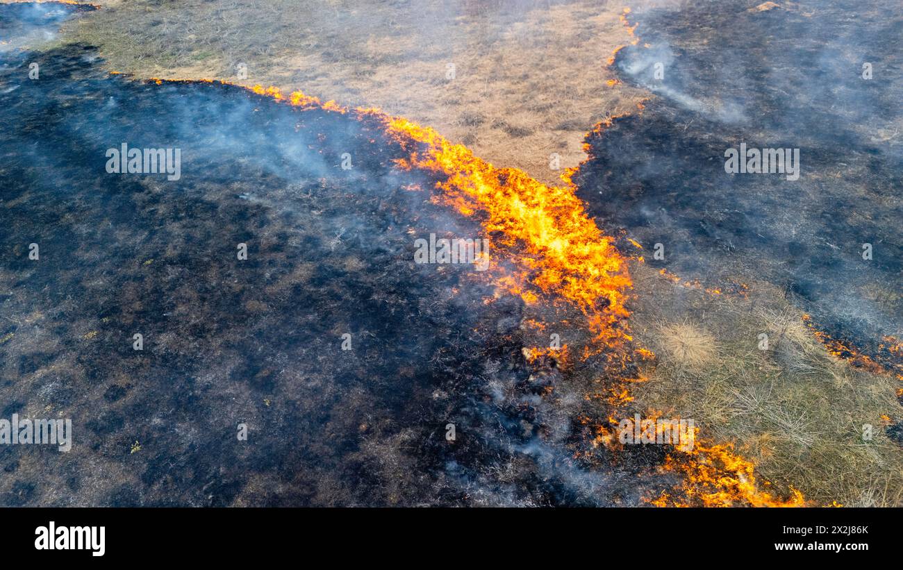 Aerial photograph of a springtime prairie burn, Fitchburg, Wisconsin ...