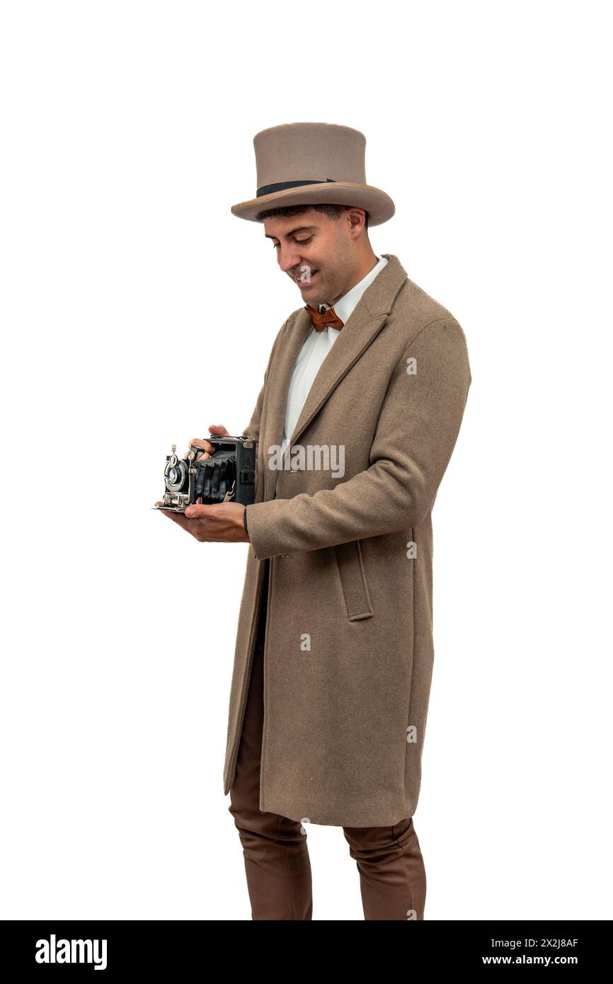 the early 20th century vintage photographer clad in a bowler hat and ...