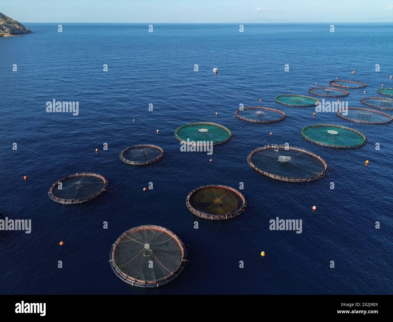 Athens, Greece. 19 April 2024. In an aerial view, the fish cages float ...