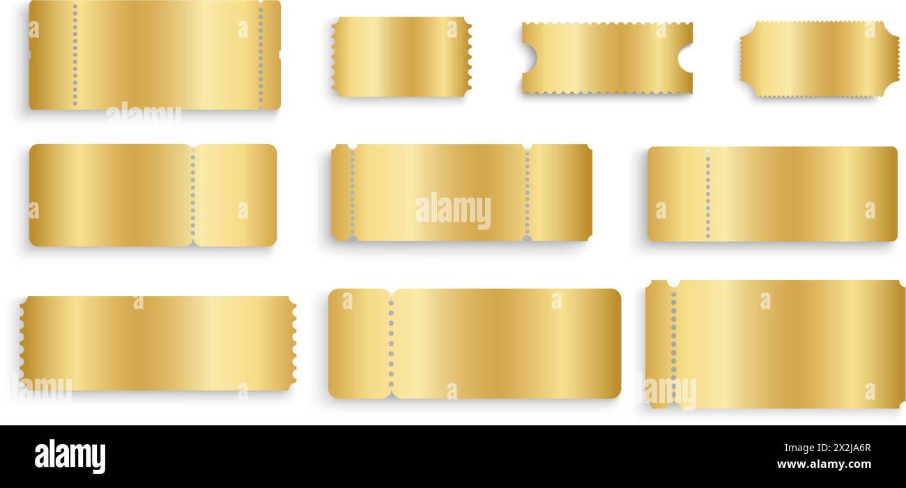 Set of gold ticket mockups. Shining metallic raffle, win lottery, coupon offer, jackpot lotto ...
