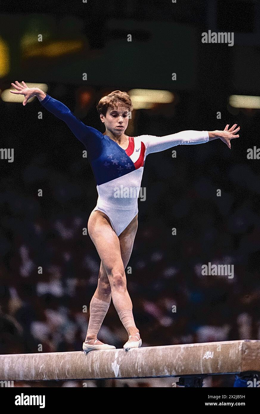 Kerri Strug (USA) competing on the balance beam in the women's artistic ...