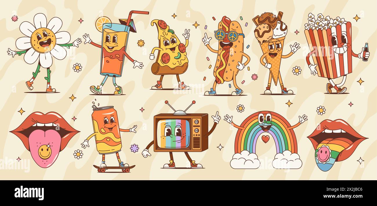 Cartoon retro groovy characters vector set. Daisy flower, cocktail ...