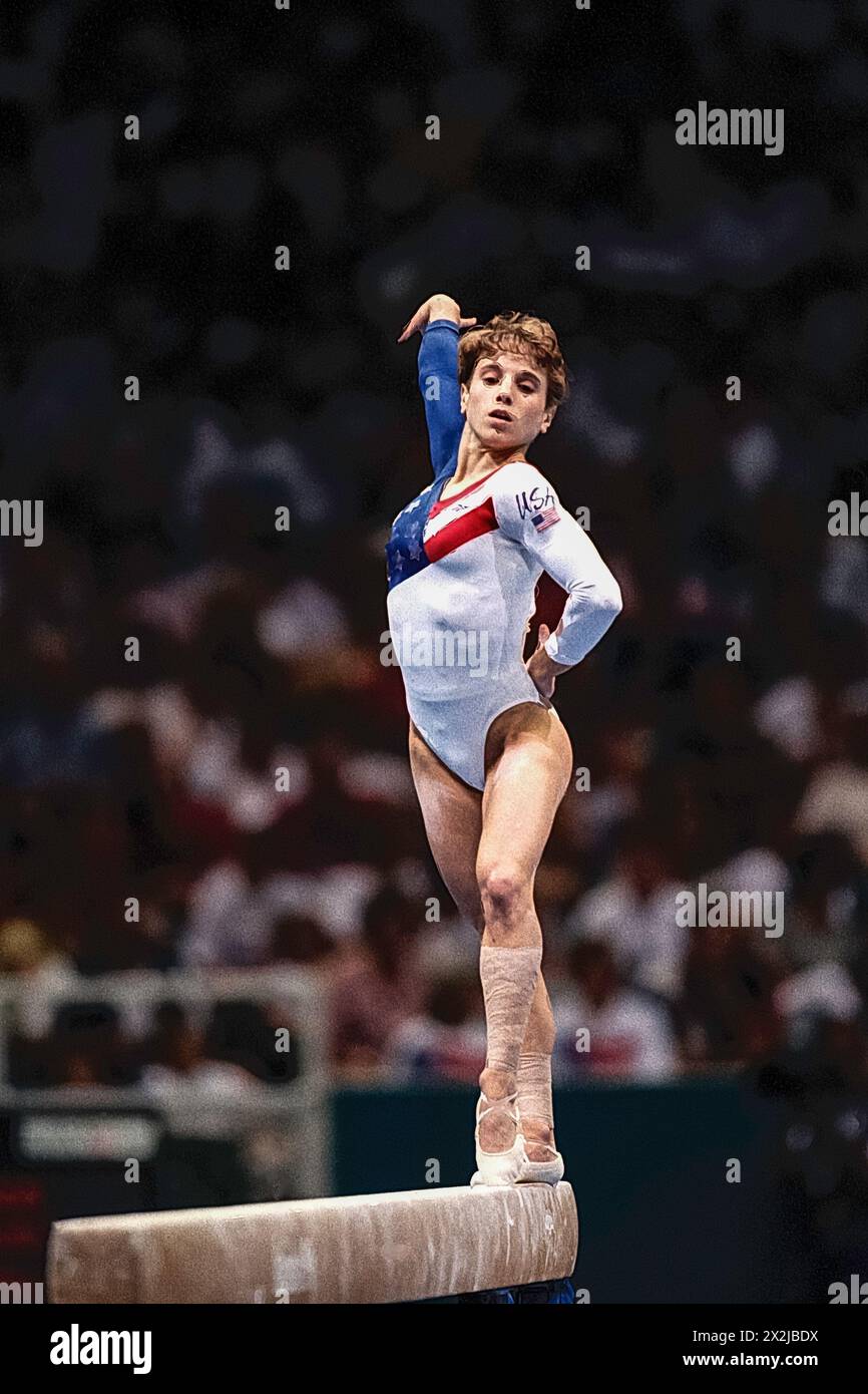 Kerri Strug (USA) competing on the balance beam in the women's artistic ...