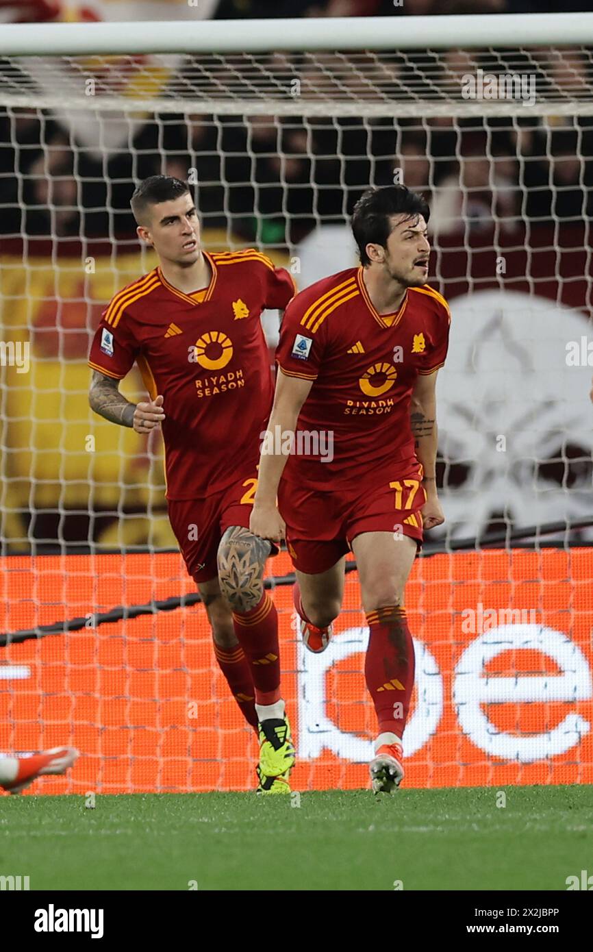 Roma’s Iranian forward Sardar Azmoun celebrates after scoring a goal ...