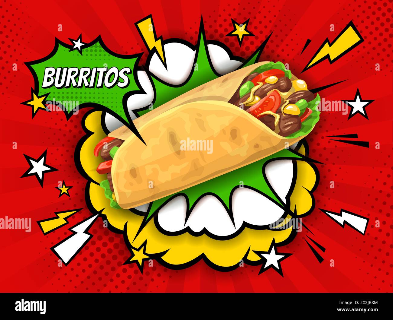 Mexican cuisine tex mex burrito poster with comic halftone bubble ...