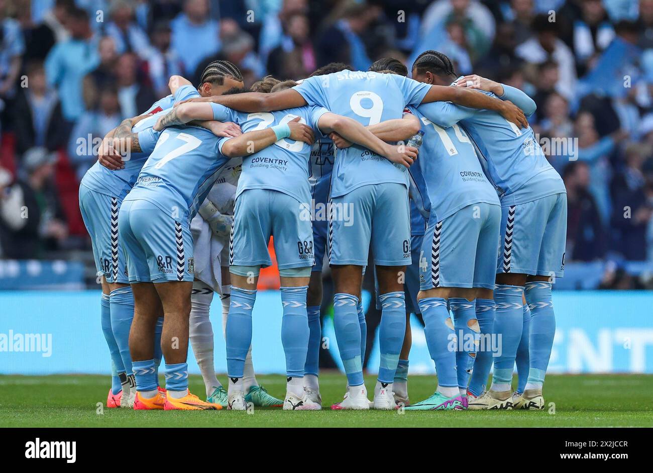 London, UK. 21st Apr, 2024. Coventry players huddle during the Coventry ...