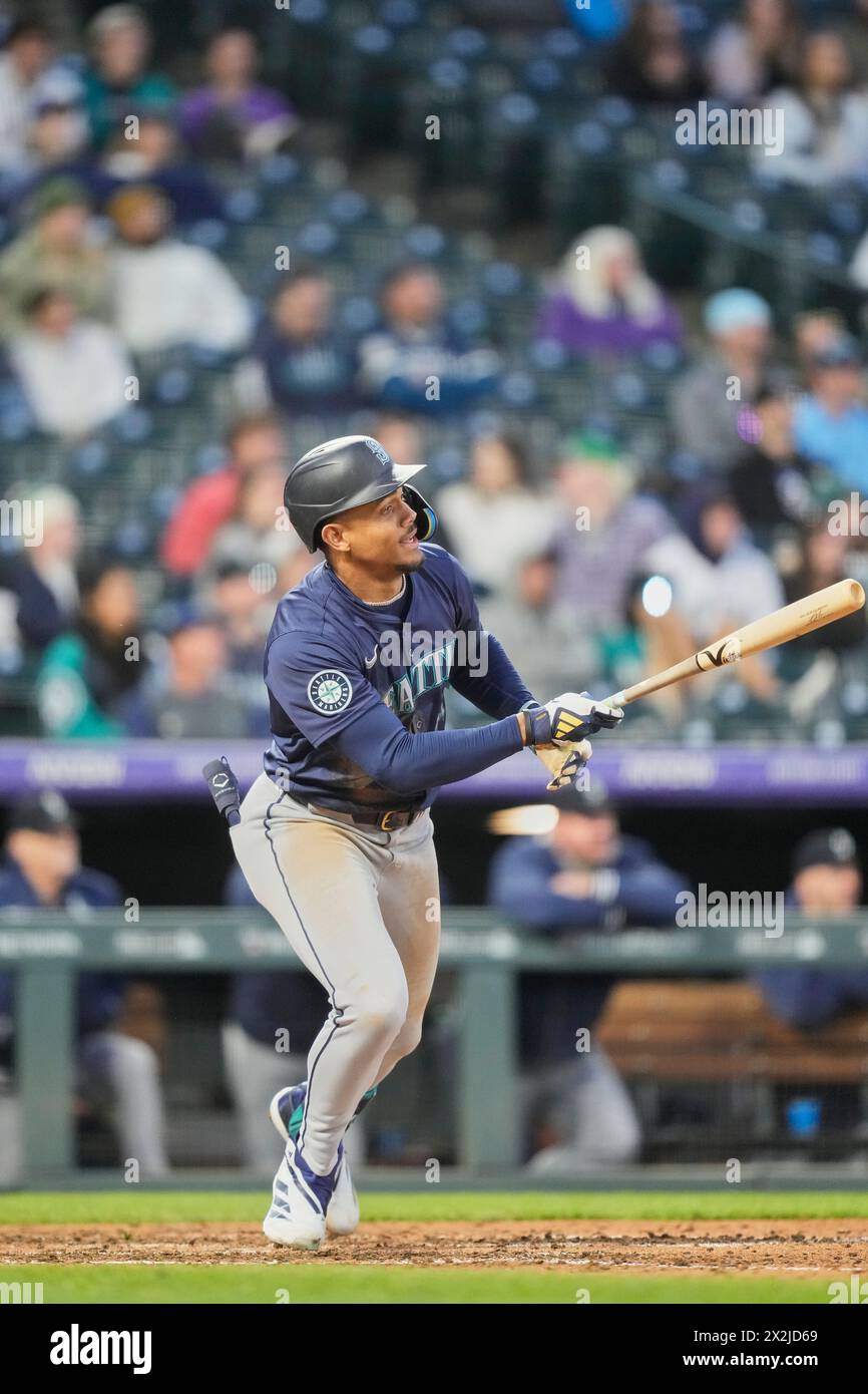 Denver CO, USA. 21st Apr, 2024. Seattle center fielder Julio Rodriguez ...