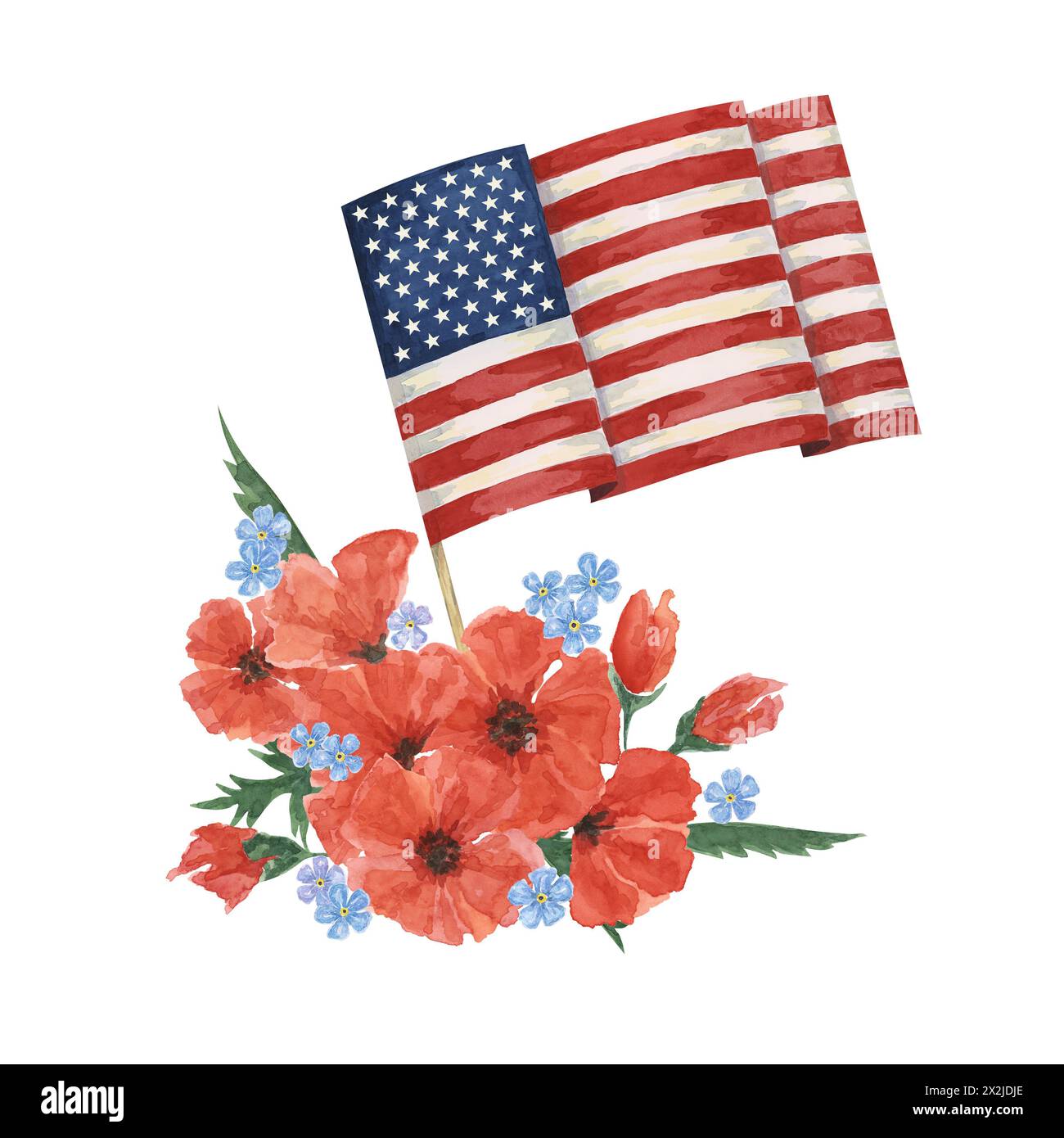 Memorial Day clipart. US flag, red poppy flower, forget-me-nots ...