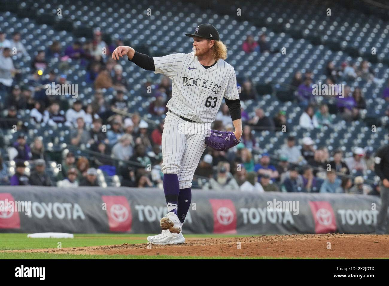 Denver CO, USA. 21st Apr, 2024. Colorado pitcher Noah Davis (63) throws ...