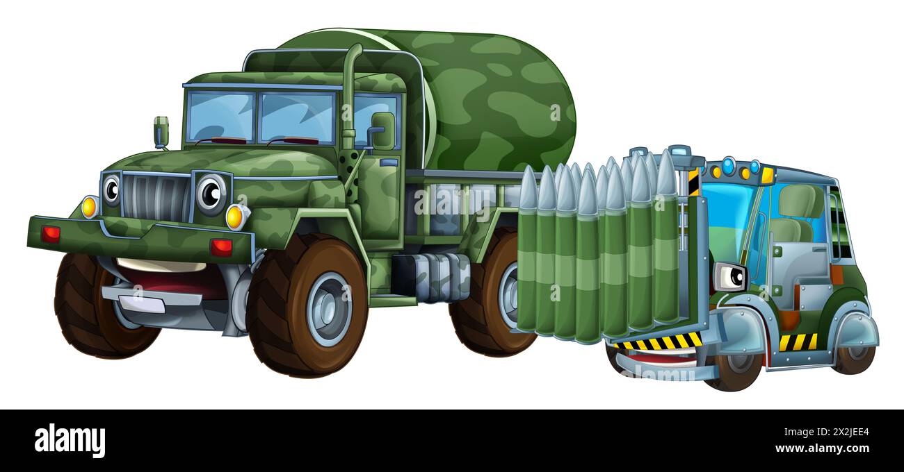 cartoon scene with two military army cars vehicles with forklift theme ...