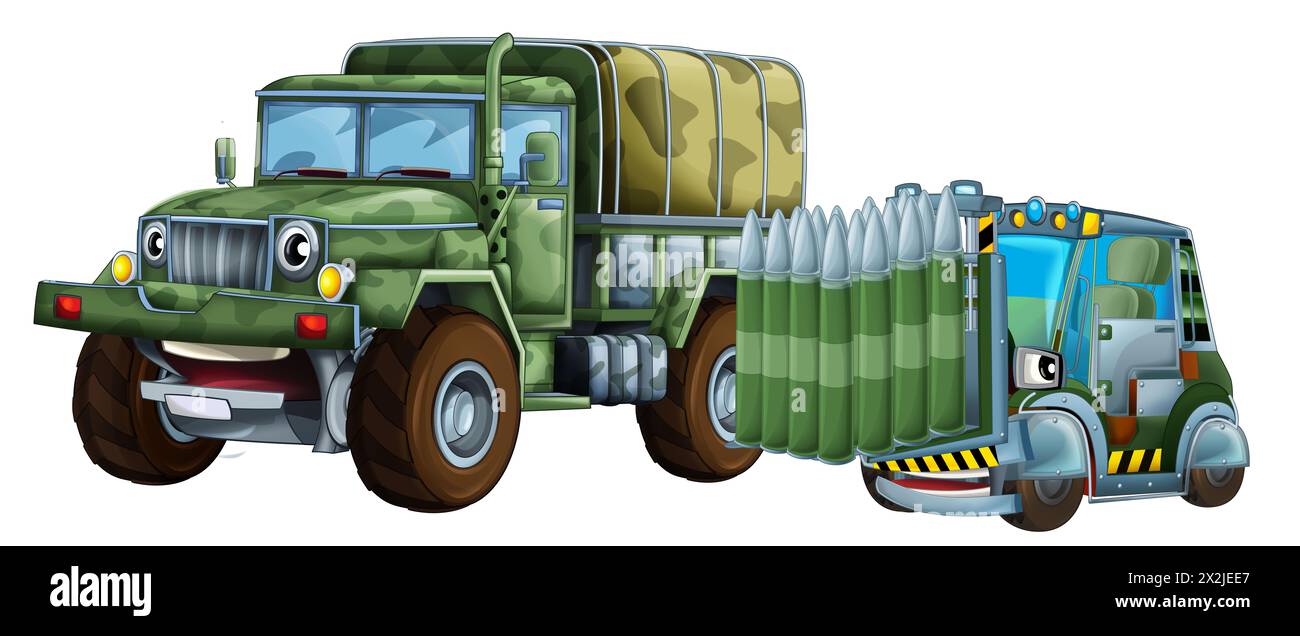 cartoon scene with two military army cars vehicles with forklift theme ...