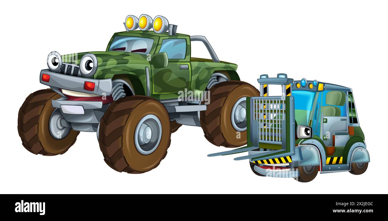 cartoon scene with two military army cars vehicles with forklift theme ...