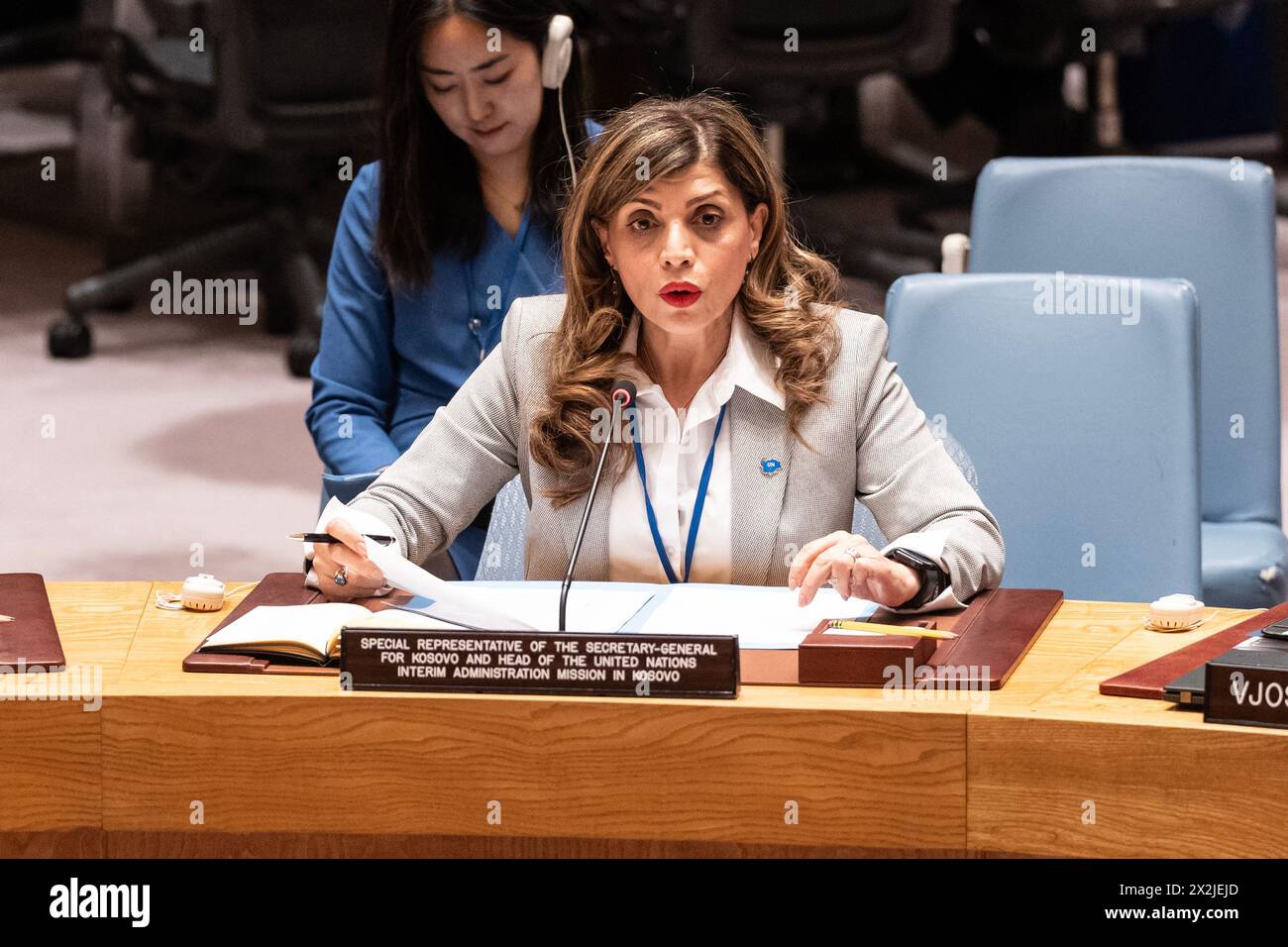 Caroline Ziadeh speaks during UNSC meeting on situation in Kosovo at UN ...