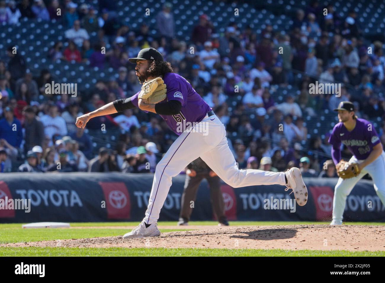 Denver CO, USA. 21st Apr, 2024. Colorado pitcher Justin Lawrence (61 ...