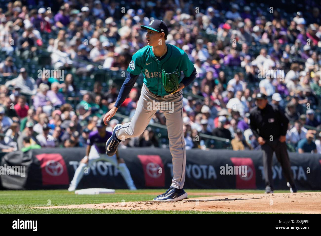 Denver CO, USA. 21st Apr, 2024. Seattle pitcher George Kirby (68 ...