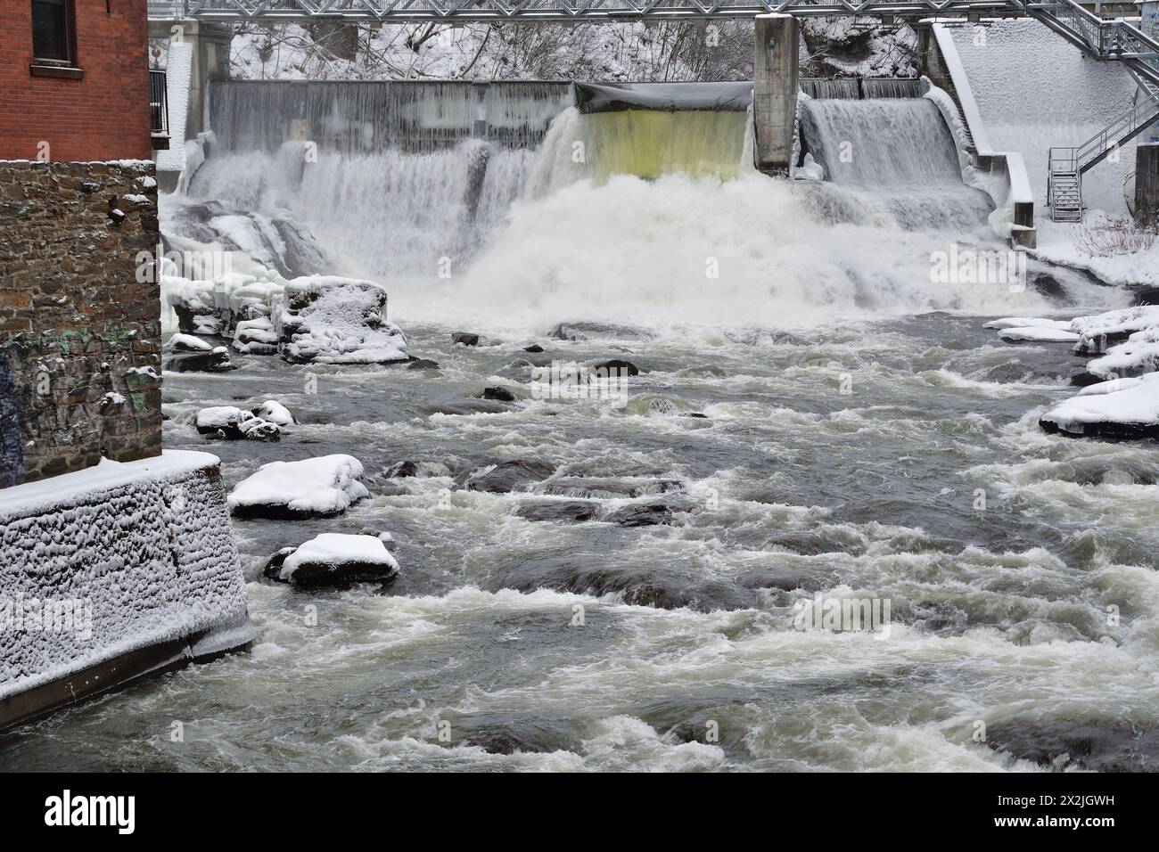 Magog river Sherbrooke Abenakis hydroelectric power plant dam. Cold ...