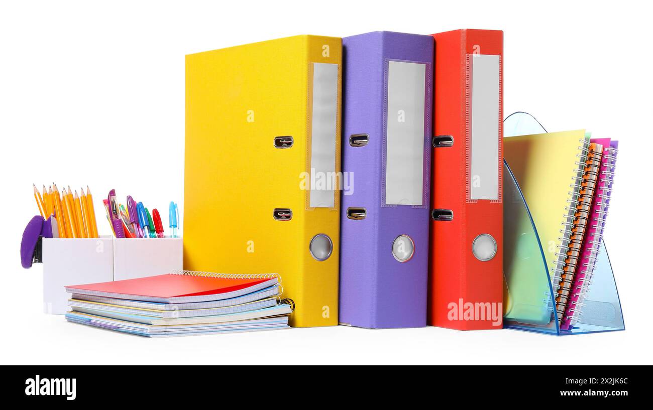 Bright office folders and different stationery isolated on white Stock ...