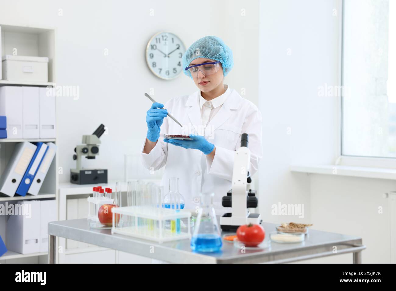 Quality control. Food inspector checking safety of products in ...
