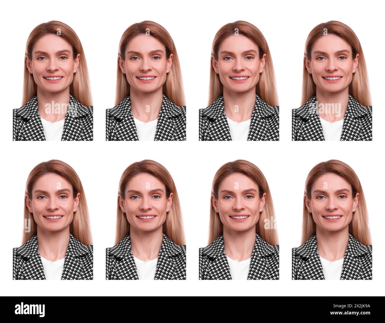 Passport photo, collage. Woman on white background, set of photos Stock ...