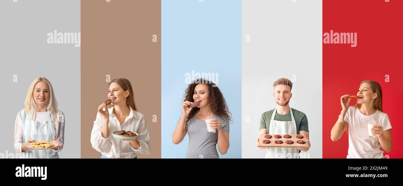 Collection of people with tasty cookies on color background Stock Photo ...