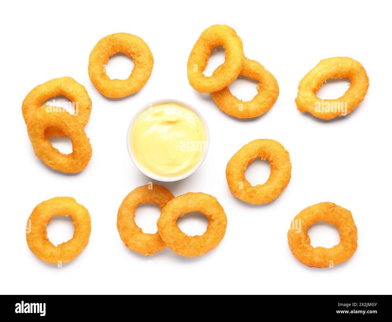 Fried breaded onion rings with mayonnaise on white background Stock ...