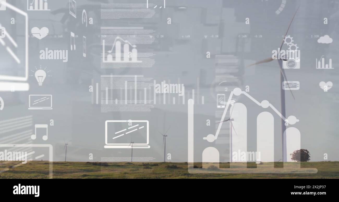 Image of data processing and diagrams over wind turbines on field Stock ...