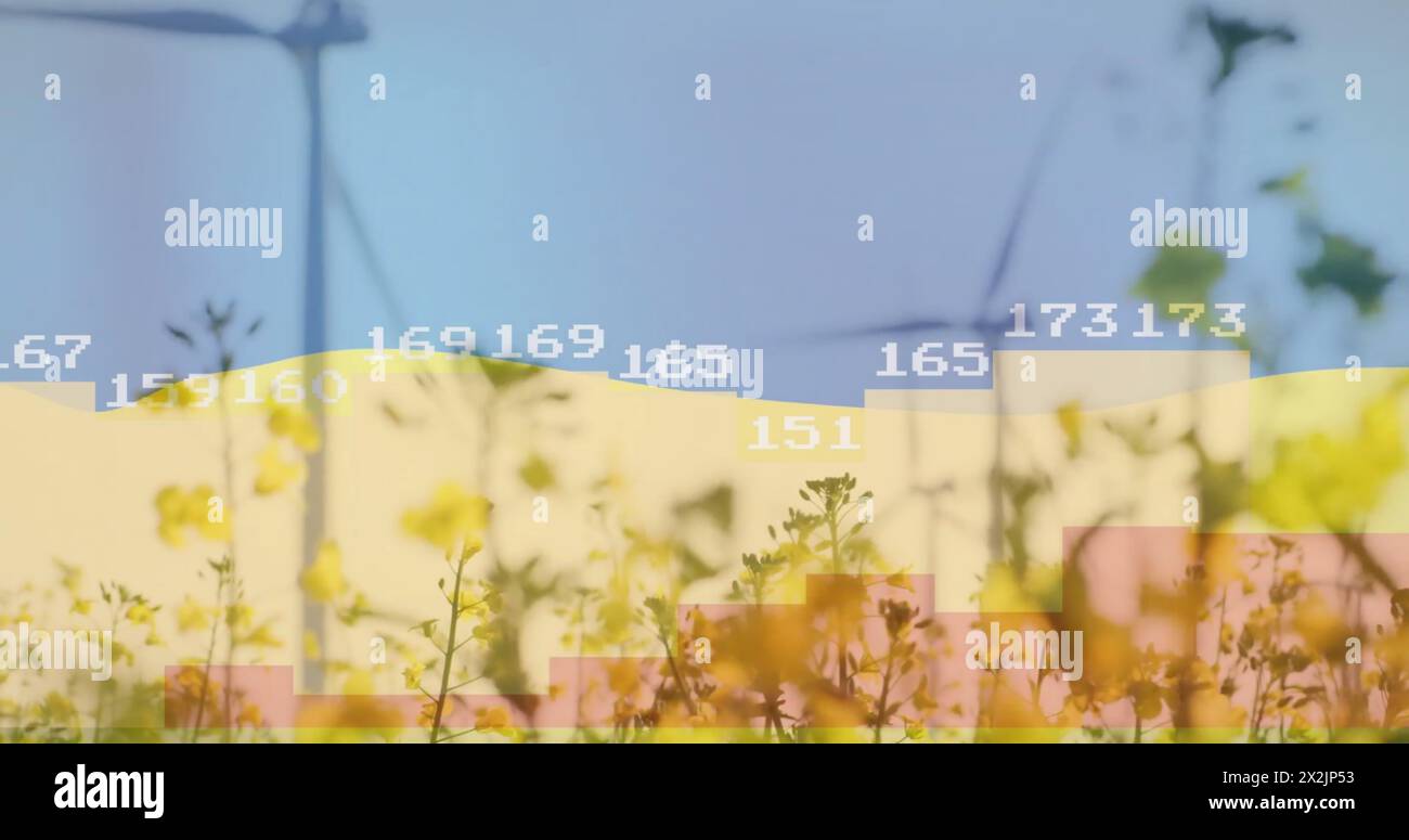 Image of data processing and diagrams over flag of ukraine and wind ...