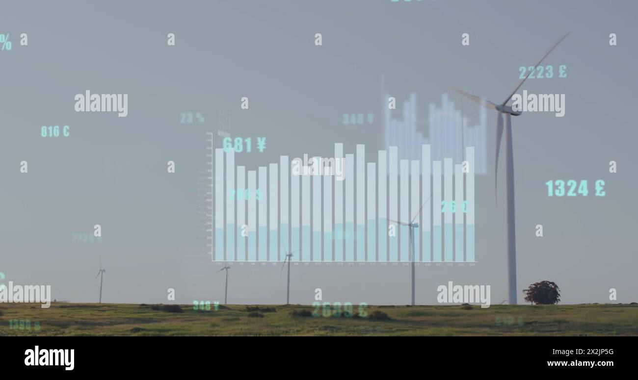 Image of data processing and diagrams over wind turbines on field Stock ...