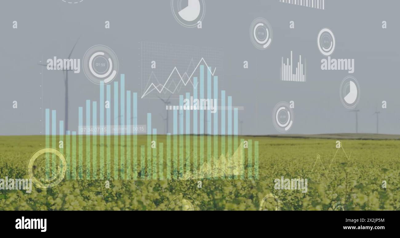 Image of data processing and diagrams over wind turbines on field Stock ...