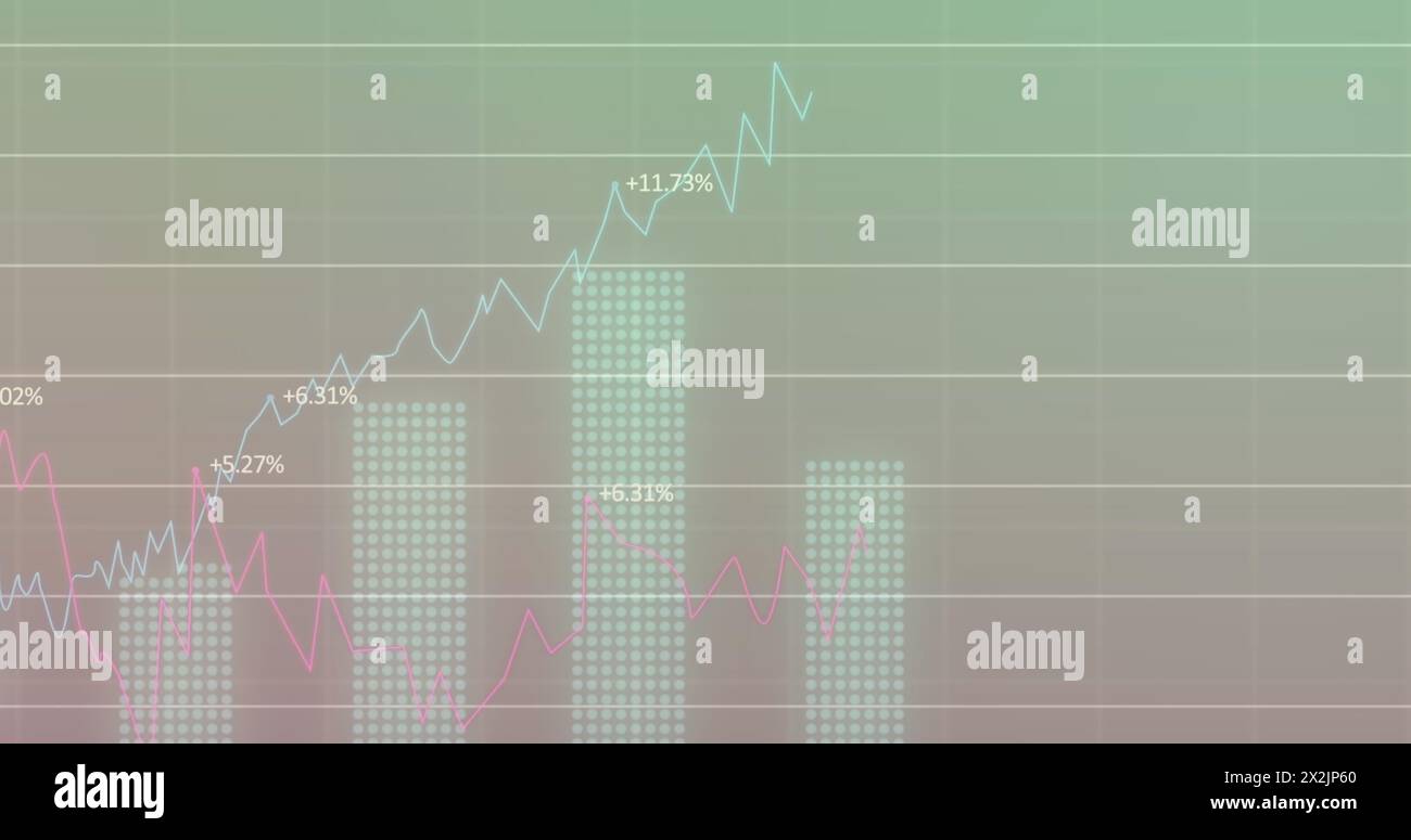 Image of statistical data processing against green and pink gradient ...