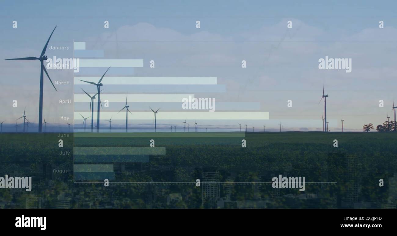 Image of data processing and diagrams over wind turbines on field Stock ...