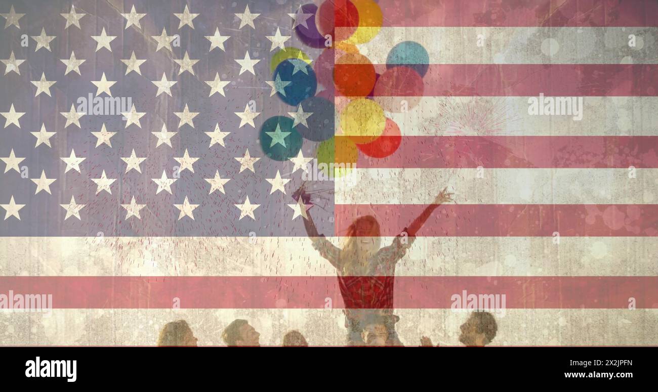 Image of flag of usa over diverse friends holding balloons Stock Photo ...