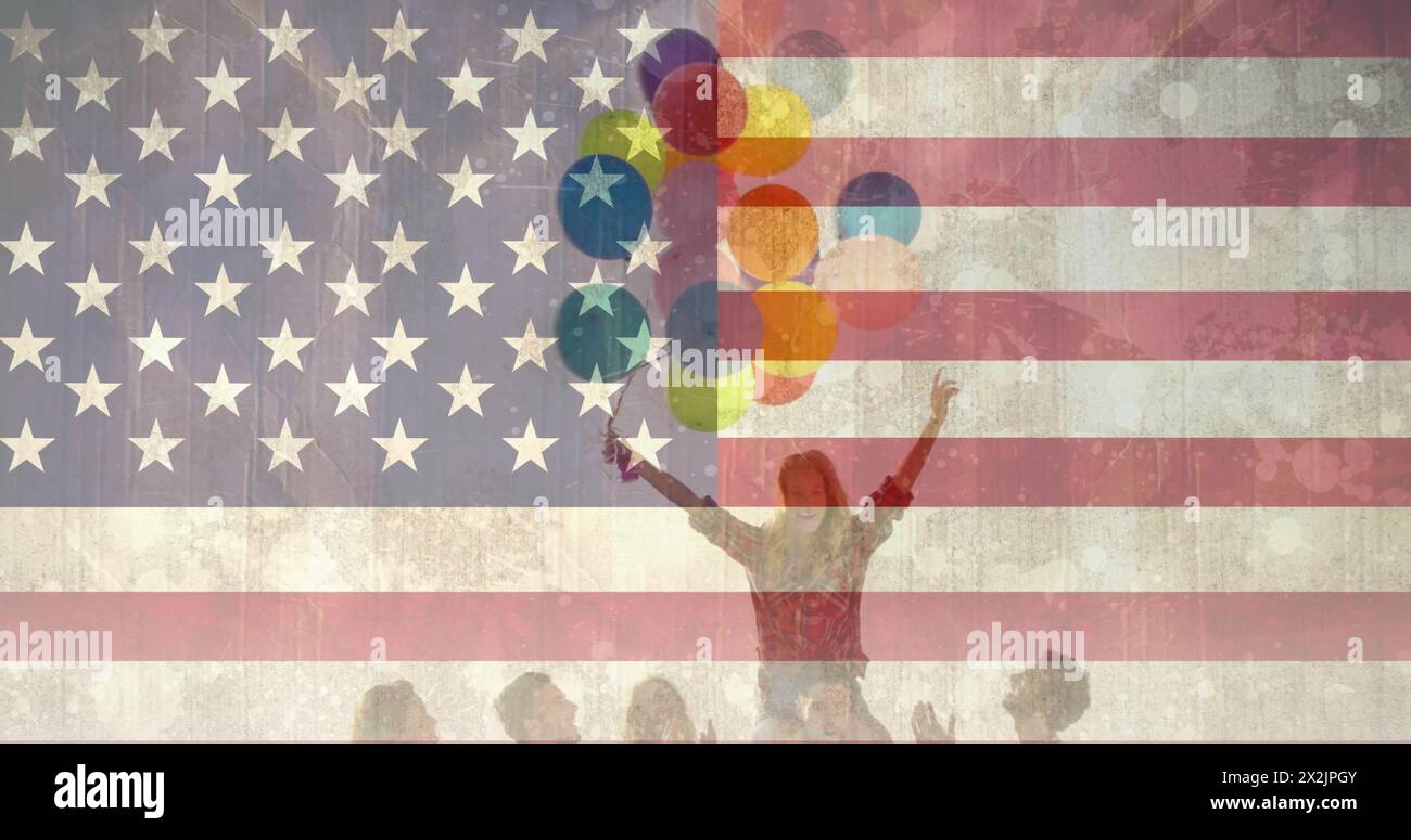 Image of flag of usa over diverse friends holding balloons Stock Photo ...