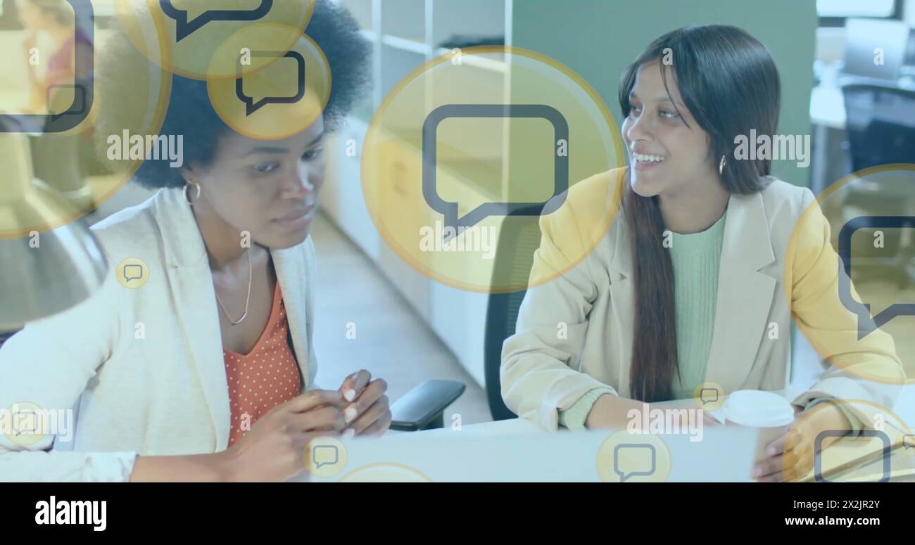 Image of message icons data processing over diverse business people in ...