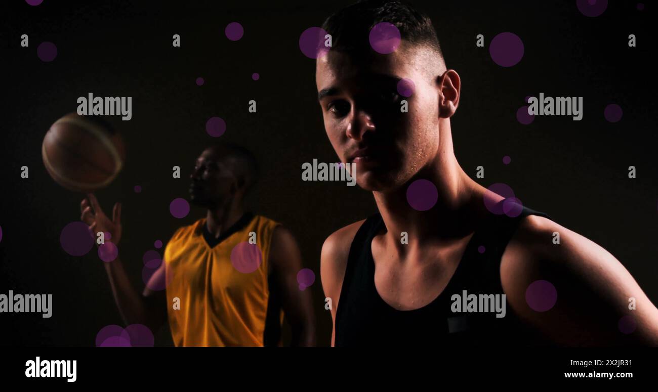 Image of diverse basketball players with ball and spots of light on ...