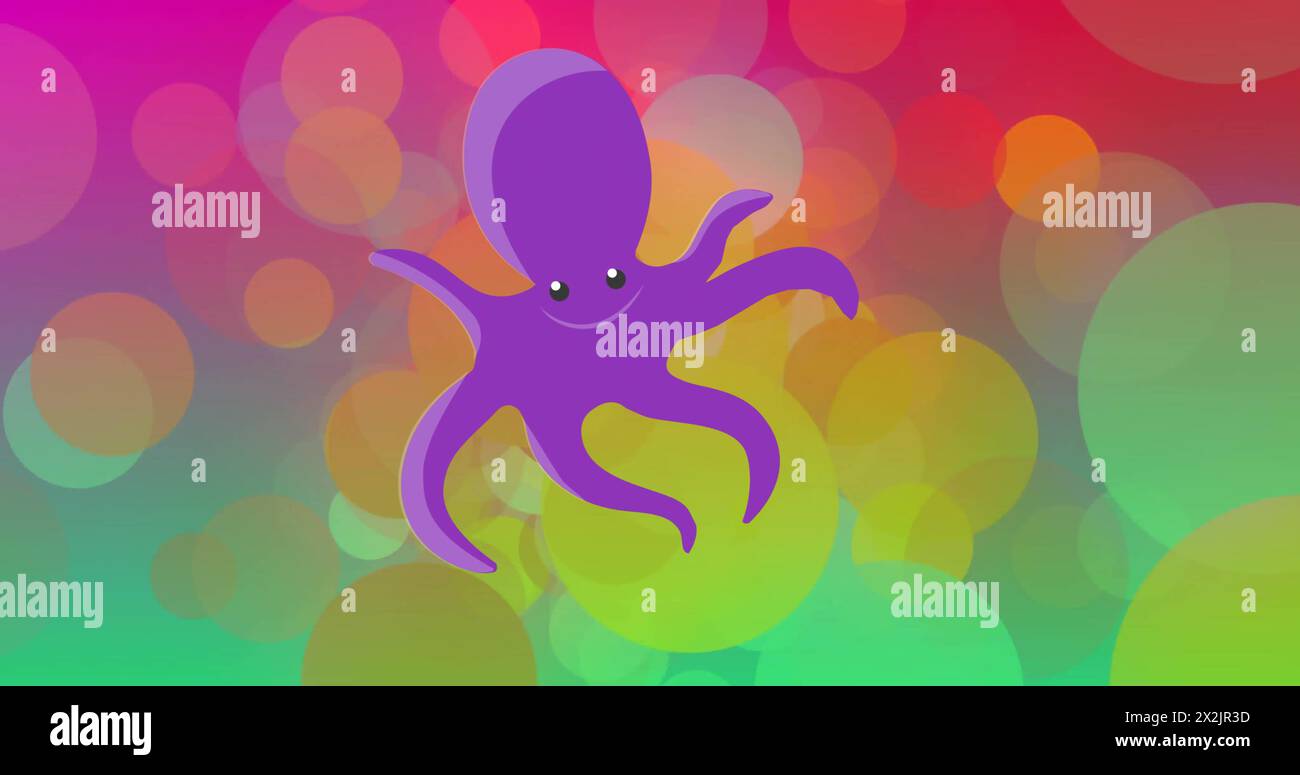 Image of happy octopus over colourful spots on colourful background ...
