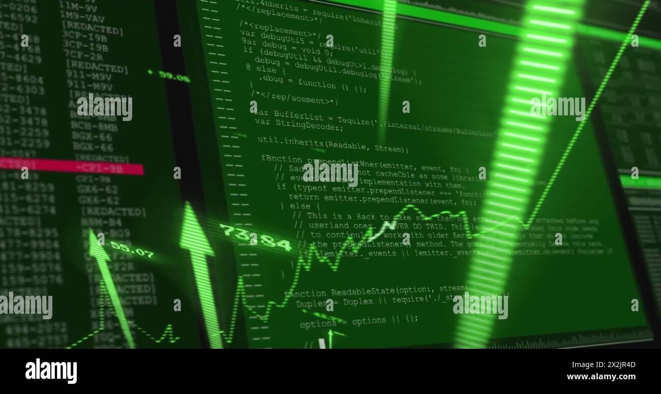 Image of graph with arrows over data processing on black background ...