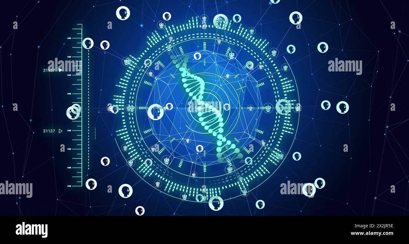 Image of dna, networks of connections, scientific data processing and ...