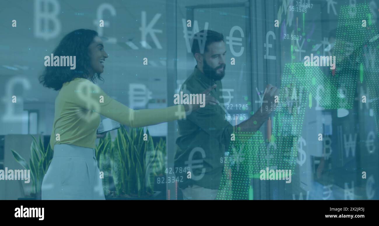 Currency symbols animation over diverse hi-res stock photography and ...