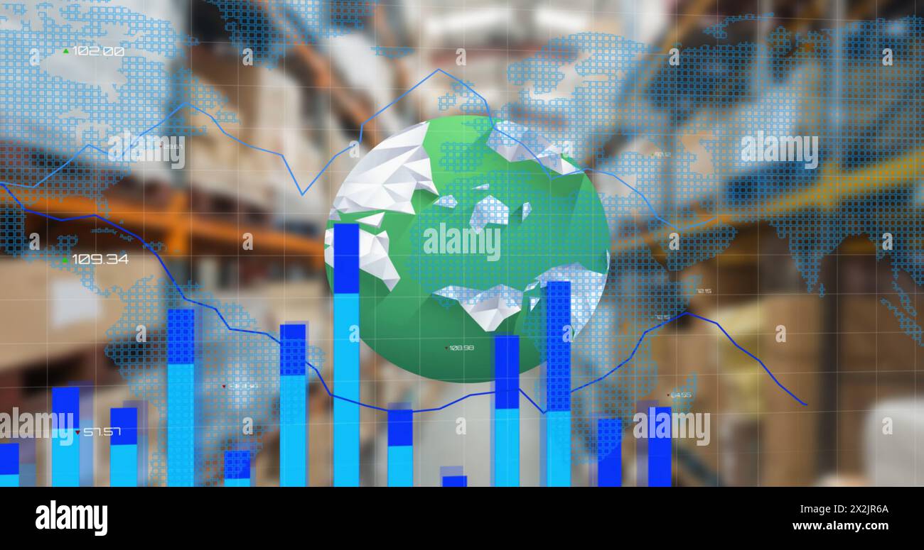 Image of financial data processing over globe and warehouse Stock Photo ...