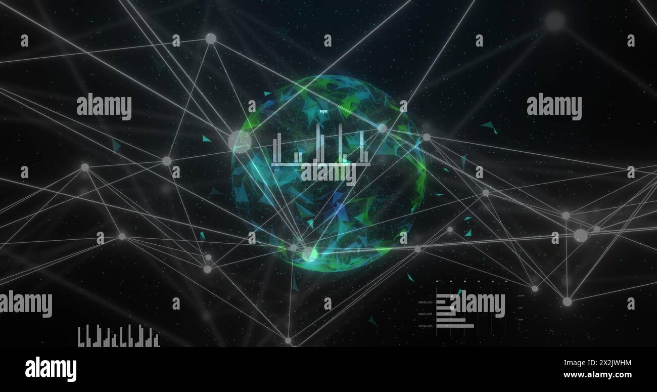 Image of network of connections with diagrams over globe of shapes ...