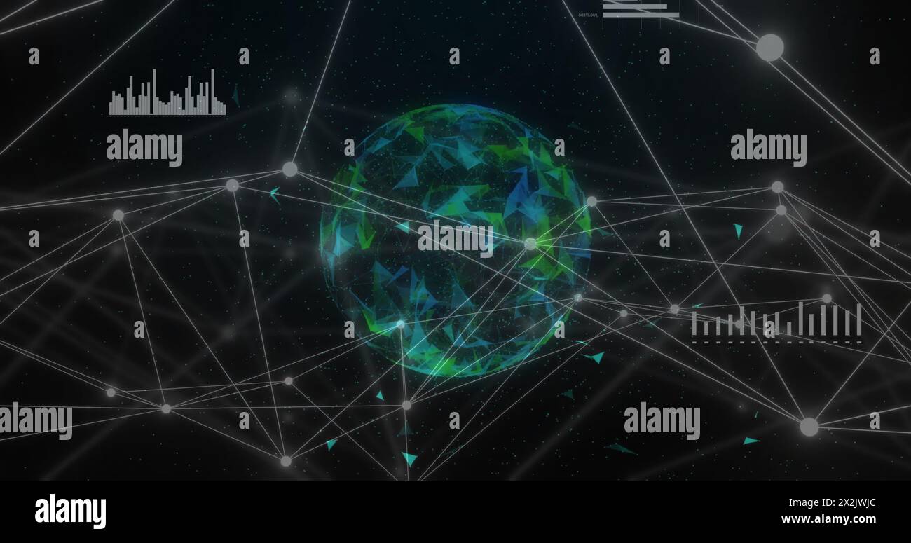 Image of network of connections with diagrams over globe of shapes ...