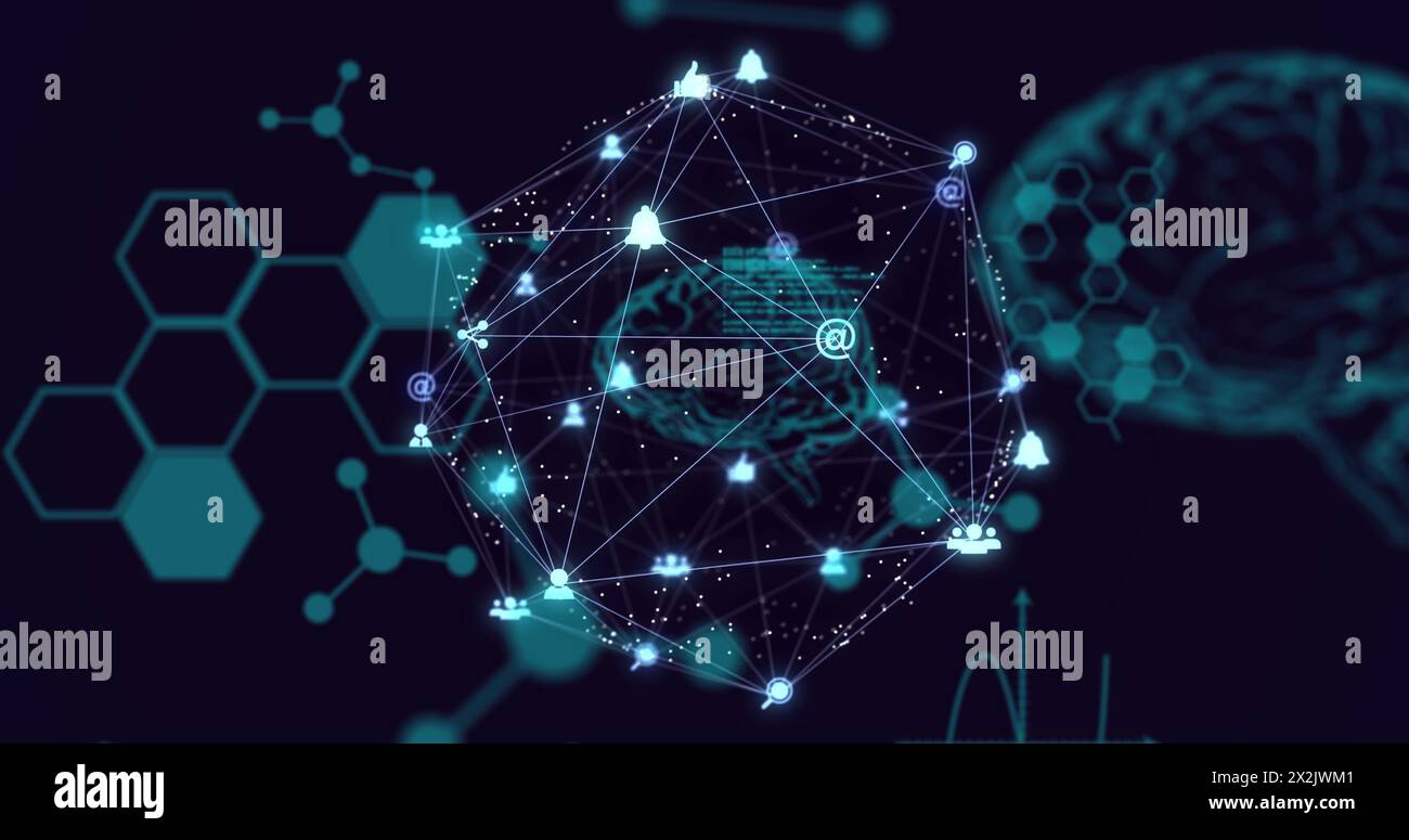 Image of network of connections with human brain and data processing ...