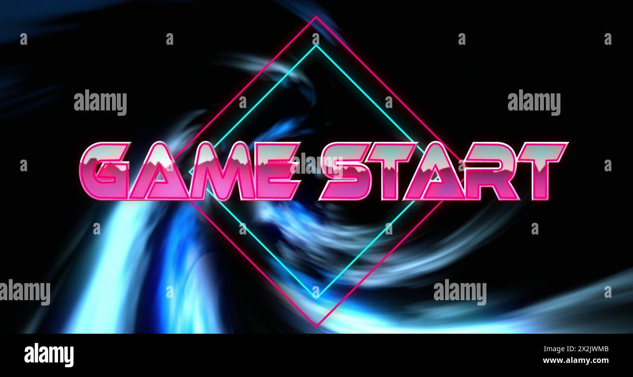 Image of game start text over colourful vortex on black background ...