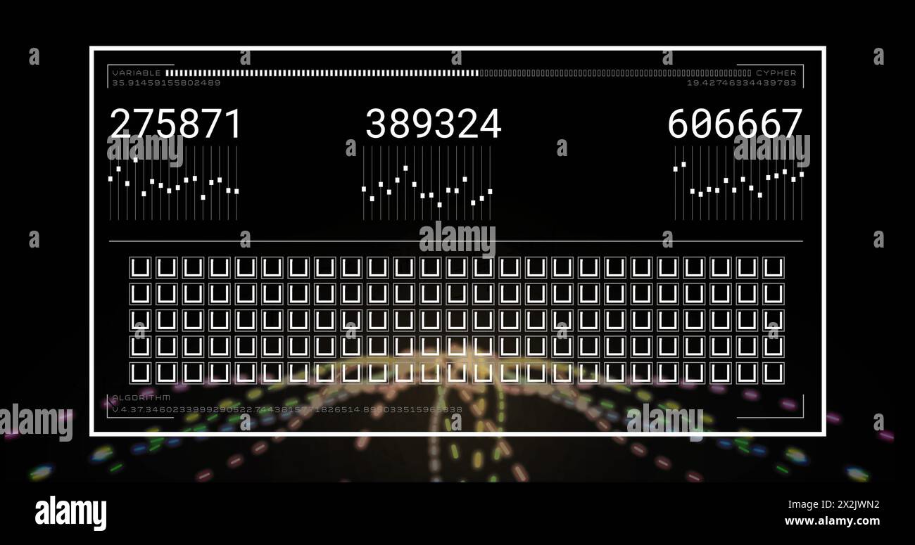Image of data processing over glowing light trails on black background ...