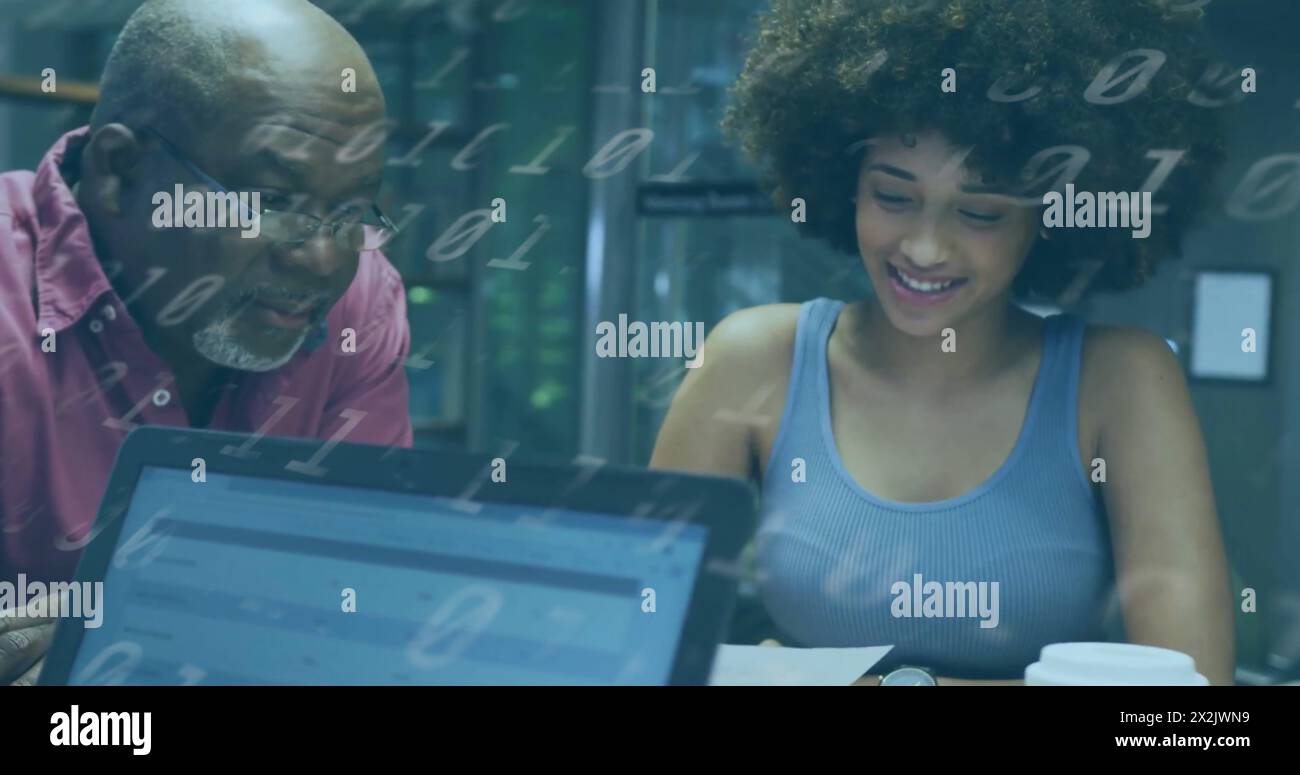 Image of diverse businesspeople in office and binary coding Stock Photo - Alamy