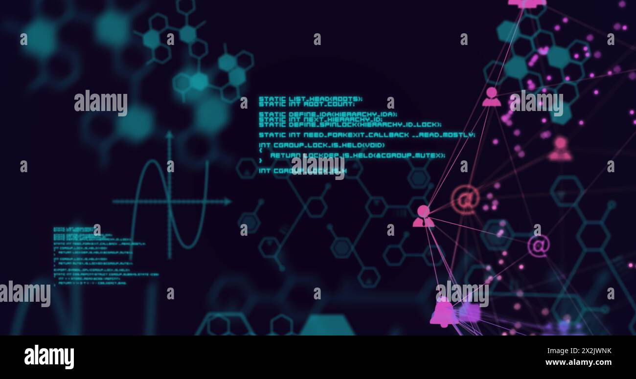 Image of network of connections with icons, chemical compounds and data ...