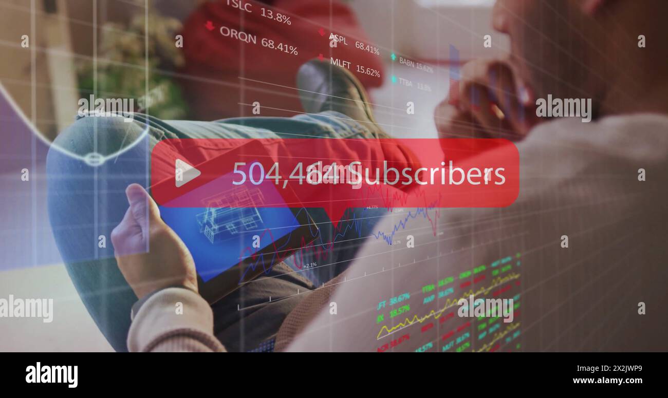 Image of subscriber text with numbers, woman using smartphone and ...